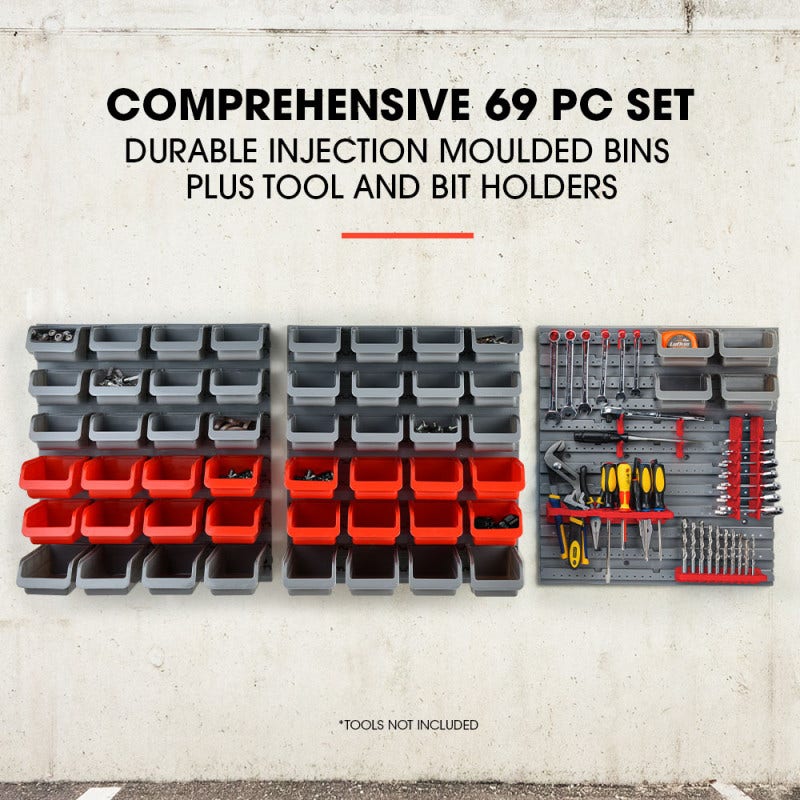 BAUMR-AG 69pc Wall Mounted Parts Bin Rack with Tool Holders - Red ...