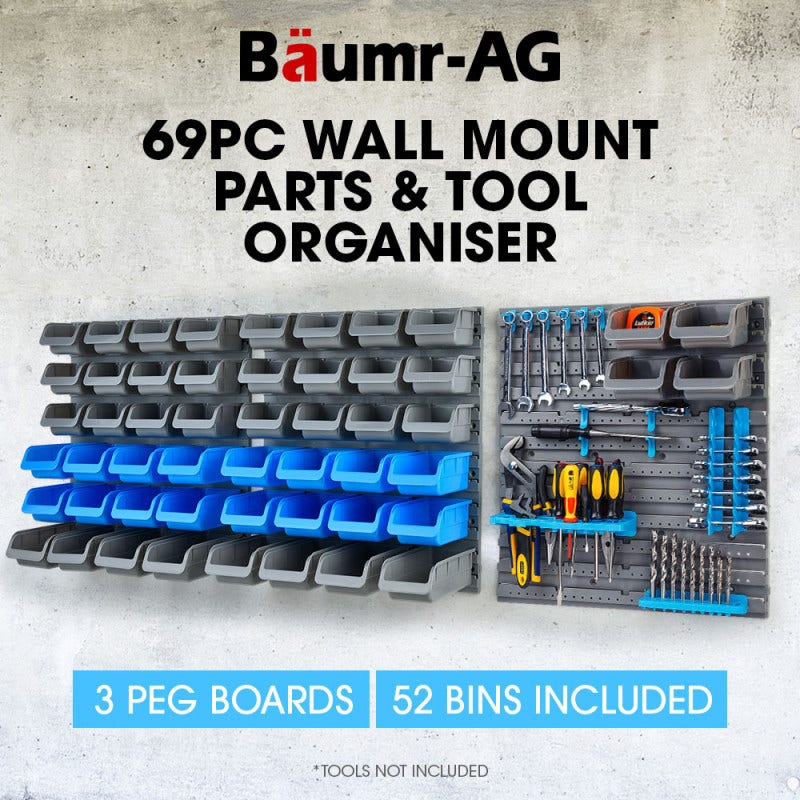 BAUMR-AG 69pc Wall Mounted Parts Bin Rack with Tool Holders - Blue ...